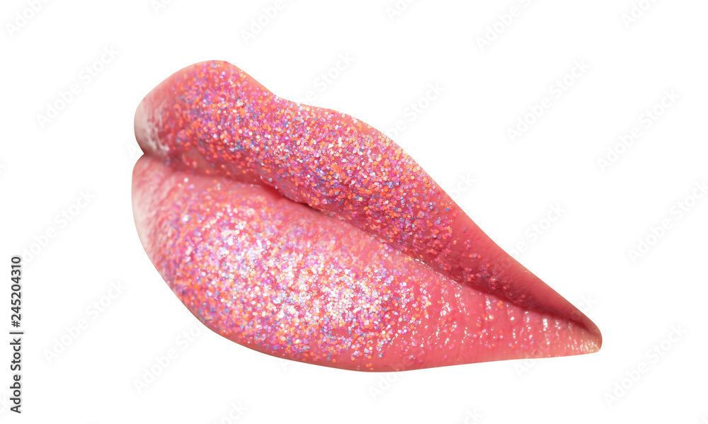 Beautiful young model with beautiful lips makeup on white background ...