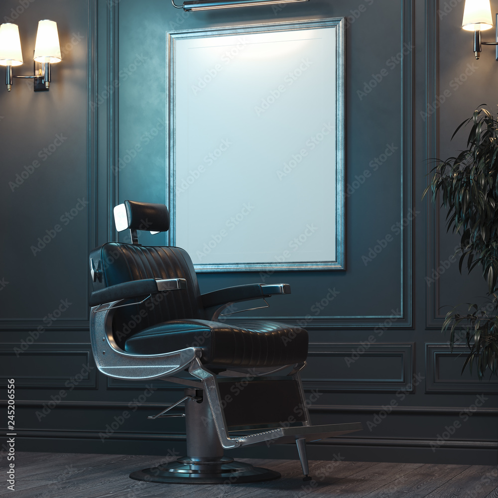 White blank canvas poster with illumination in modern barber shop, 3d ...
