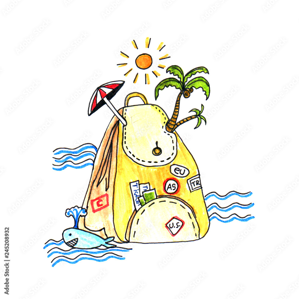 Hand drawing a backpack from which palm trees and a beach umbrella ...