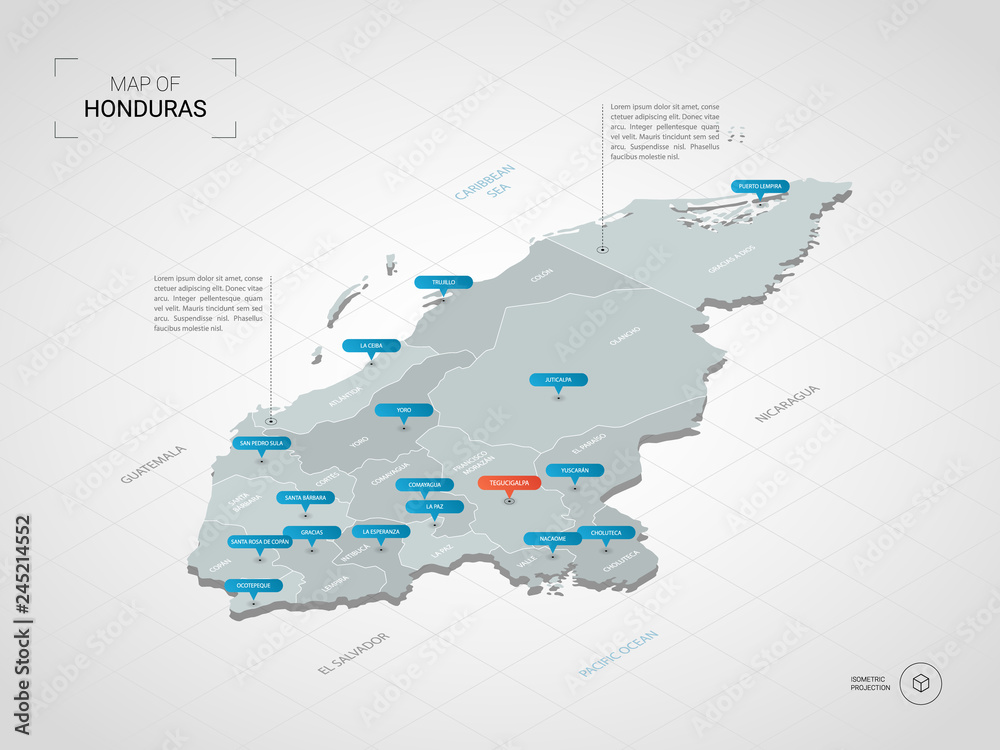 Isometric 3D Honduras map. Stylized vector map illustration with cities ...