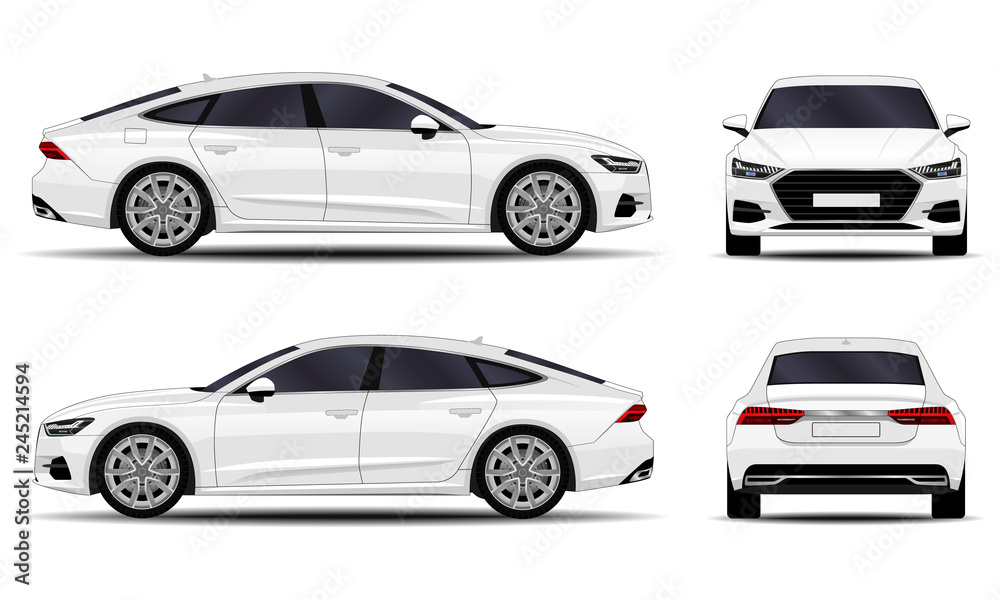 realistic car. sport sedan. front view; side view; back view. Stock ...
