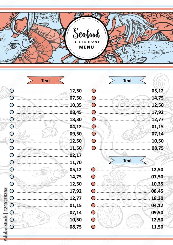 Vector illustration of seafood restaurant menu template with header of ...