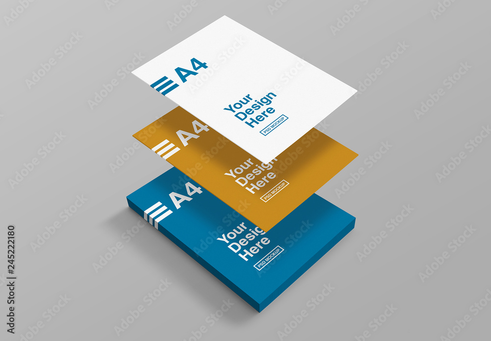 Angled Perspective of 3 Floating Pages Mockup Stock Template | Adobe Stock