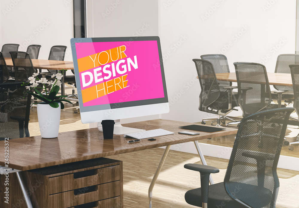Computer in Office Mockup Stock Template | Adobe Stock