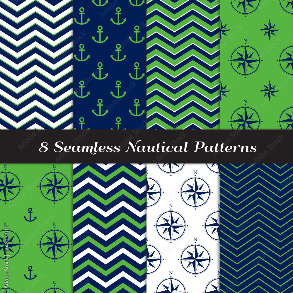 Nautical Navy Blue, Green and White Vector Patterns with Anchors ...