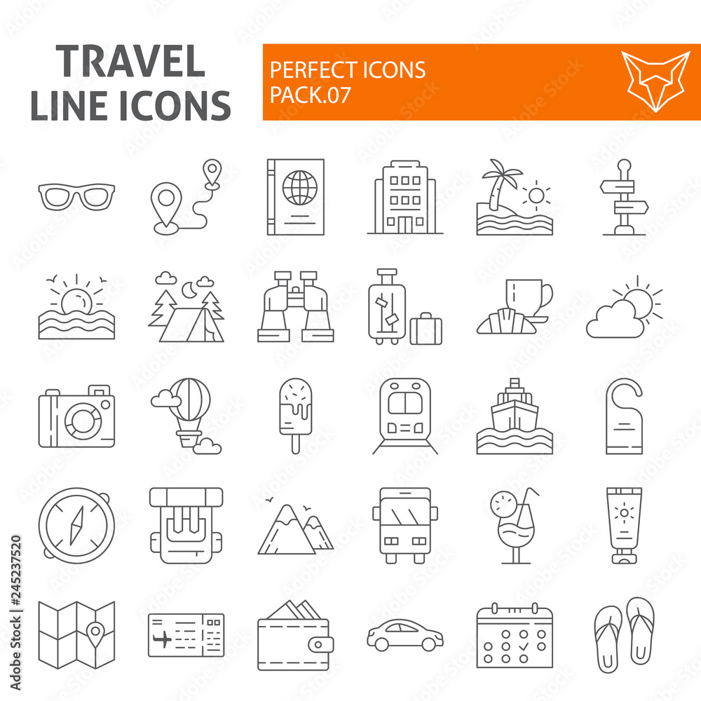 Travel thin line icon set, tourism symbols collection, vector sketches ...