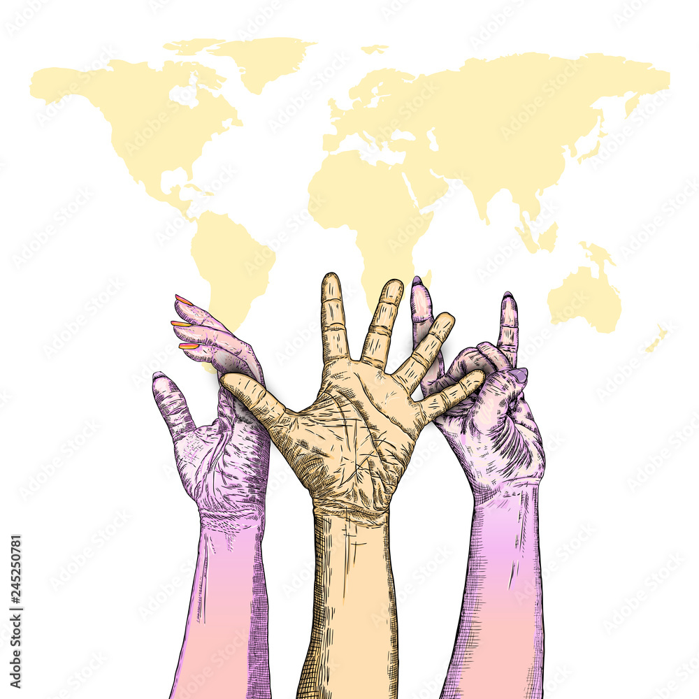 Raised hands with fist on grunge on earth map background. Ink style ...