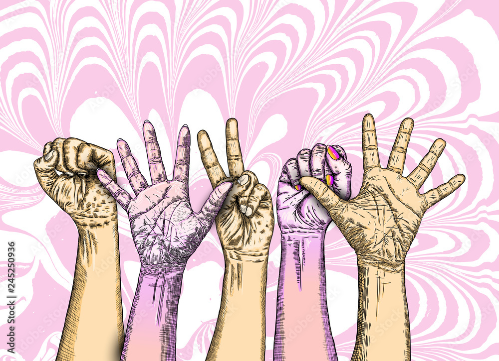 Fists hands up concept of unity, revolution, fight, cooperation ...