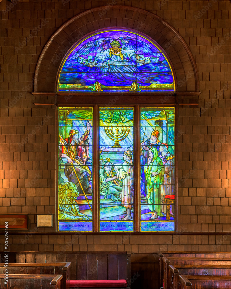 Stained glass window in the rear of the historic Faith Chapel on Jekyll ...