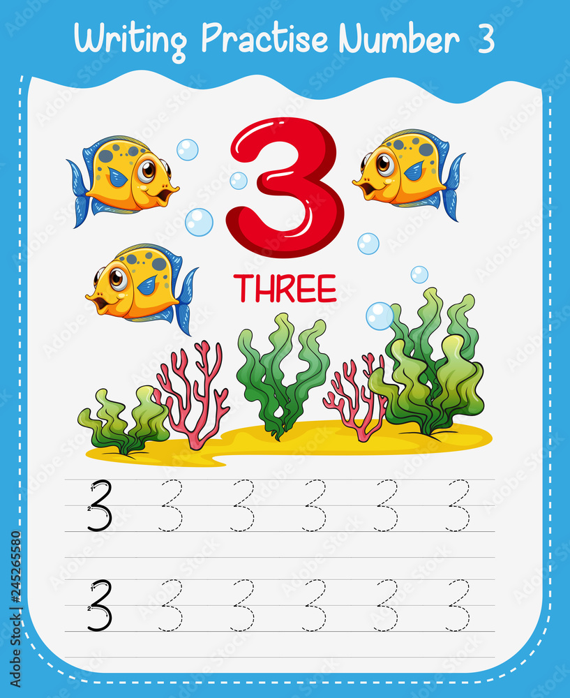 Number three tracing worksheets Stock Vector | Adobe Stock