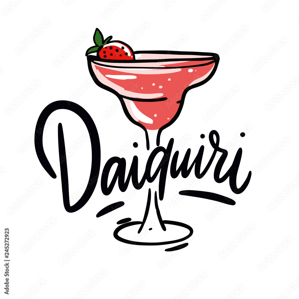 Strawberry Daiquiri Cocktail Hand Drawn Vector Illustration And