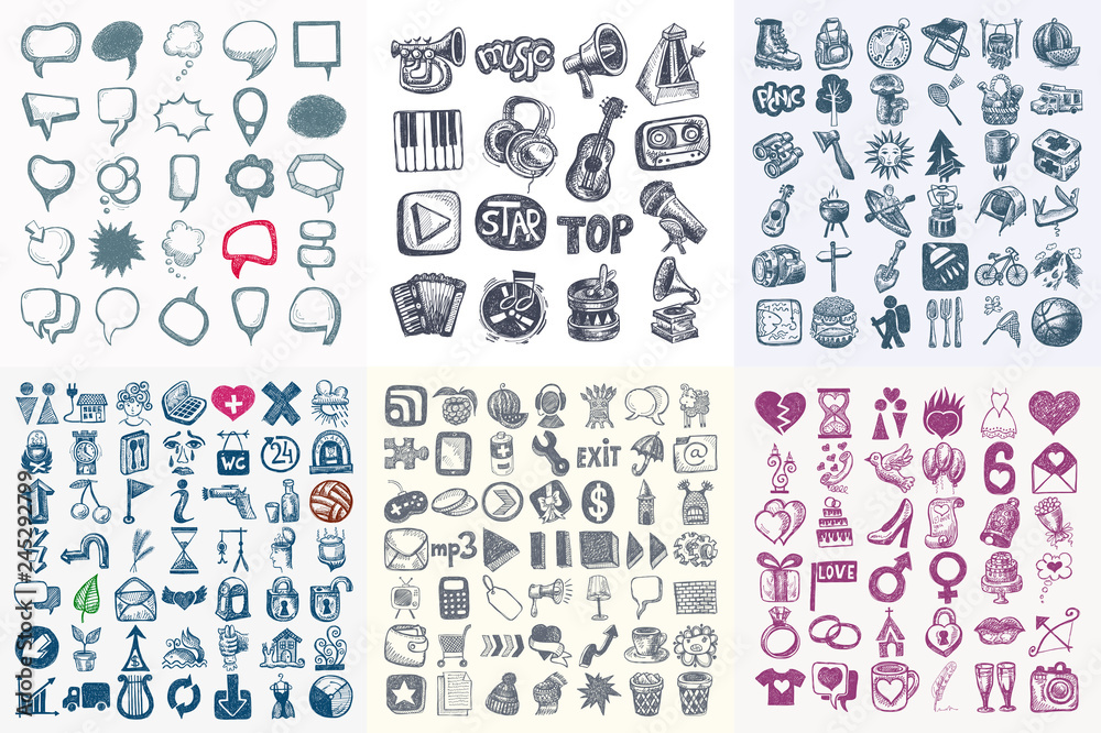 mega big set of sketch drawing doodle icon collection Stock Vector ...