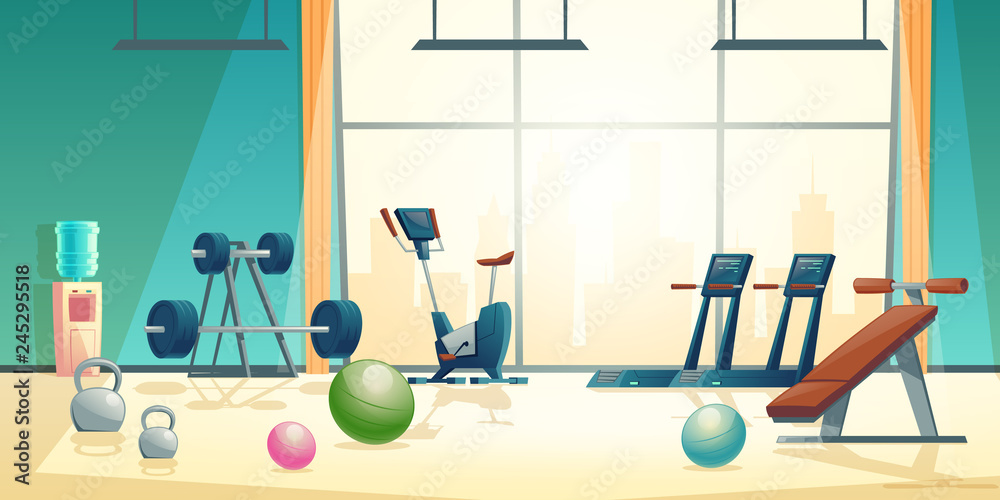 Vector cartoon background of gym with big window. Spacious place with ...