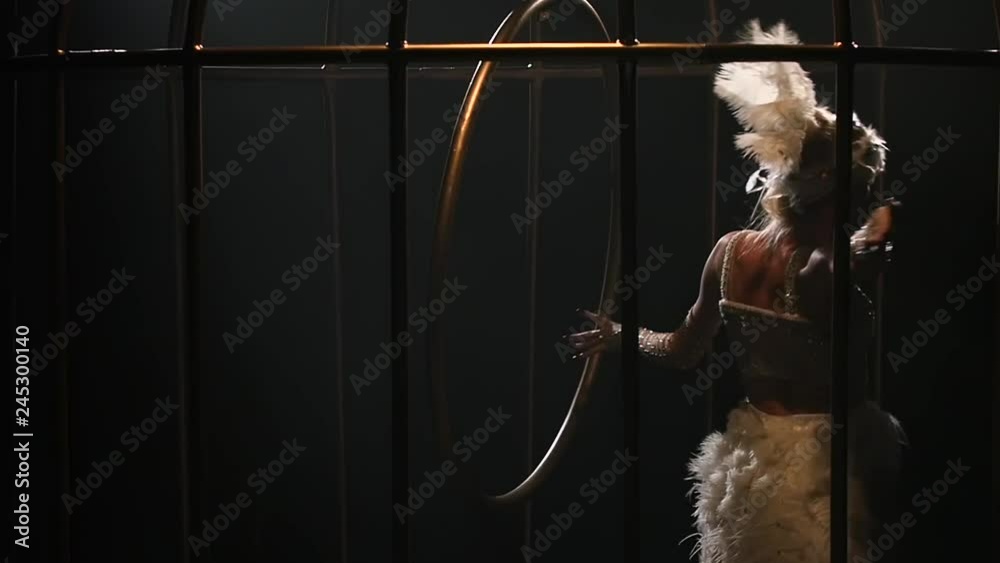 Acrobatics aerial on a rotating hoop in a metal cage . Black background ...