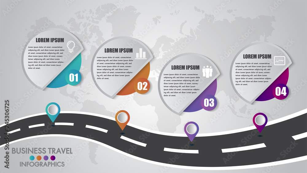 Timeline Infographics template 4 options design with a road way and ...
