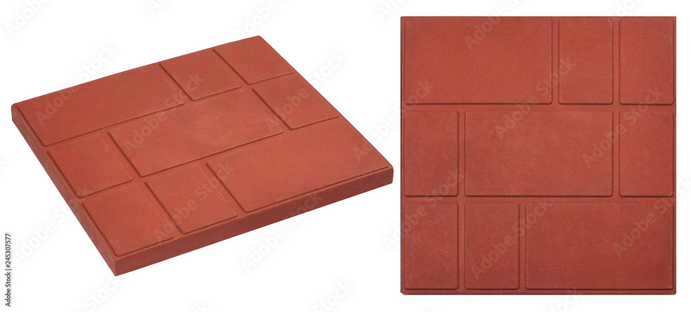 Red squared paving tile isolated, top and bottom view. Sidewalk ...