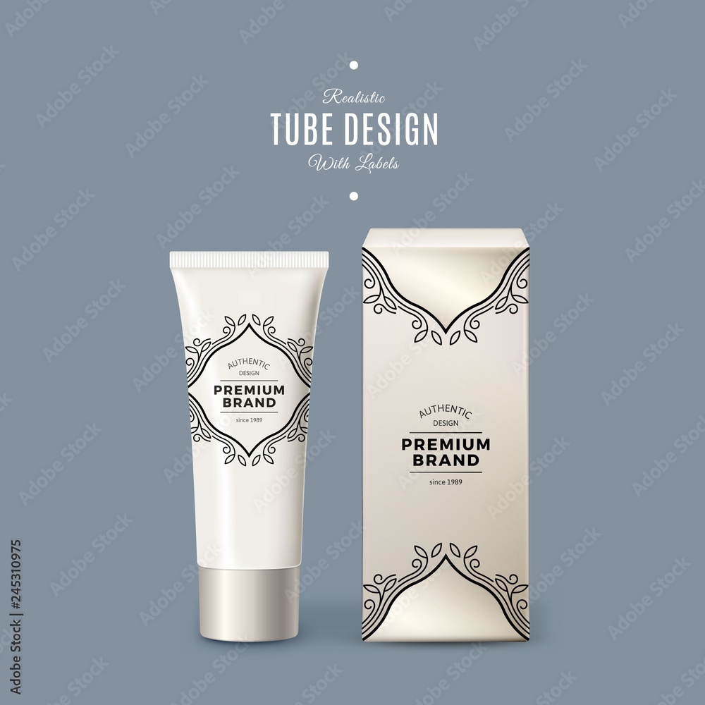 Realistic White Vector Tube and Box Packing with Vintage Labels ...