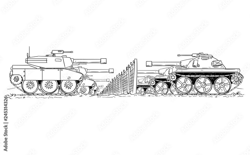Cartoon drawing conceptual illustration of group of enemy tanks ...