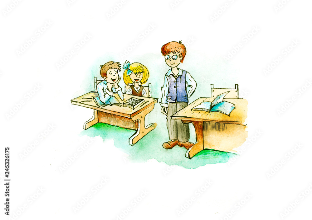 Children's watercolor illustration. School day, lessons. The boy ...