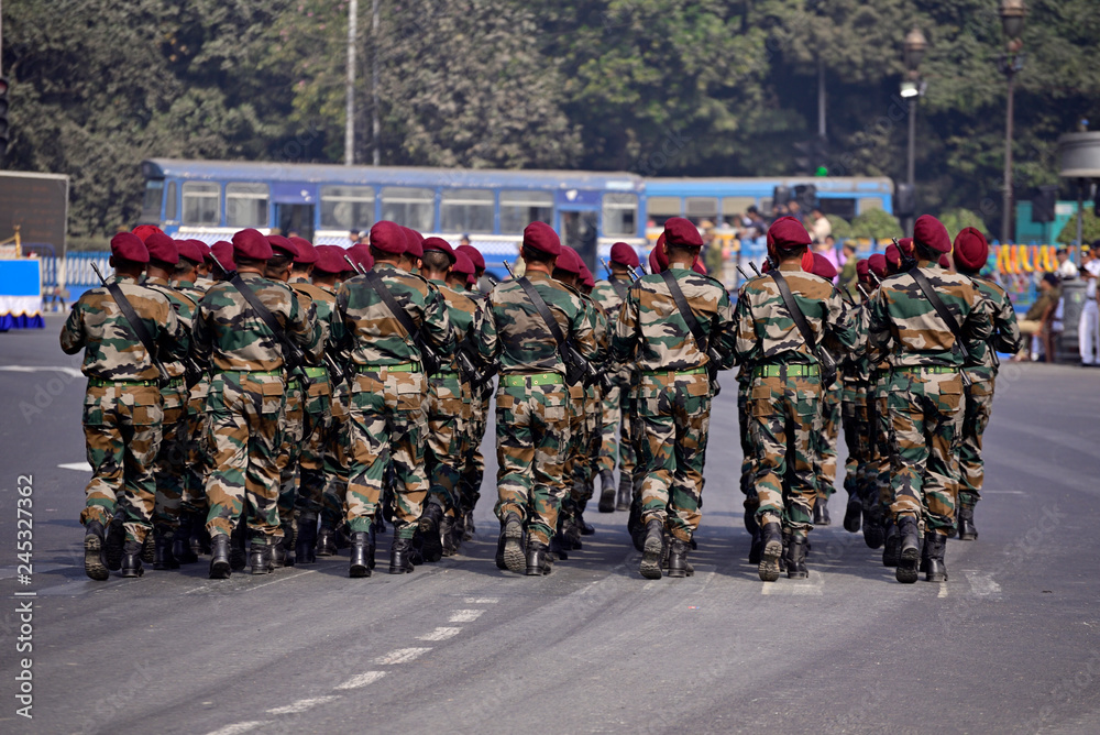 Calcutta, India - January 23, 2019: Indian army practice their parade ...
