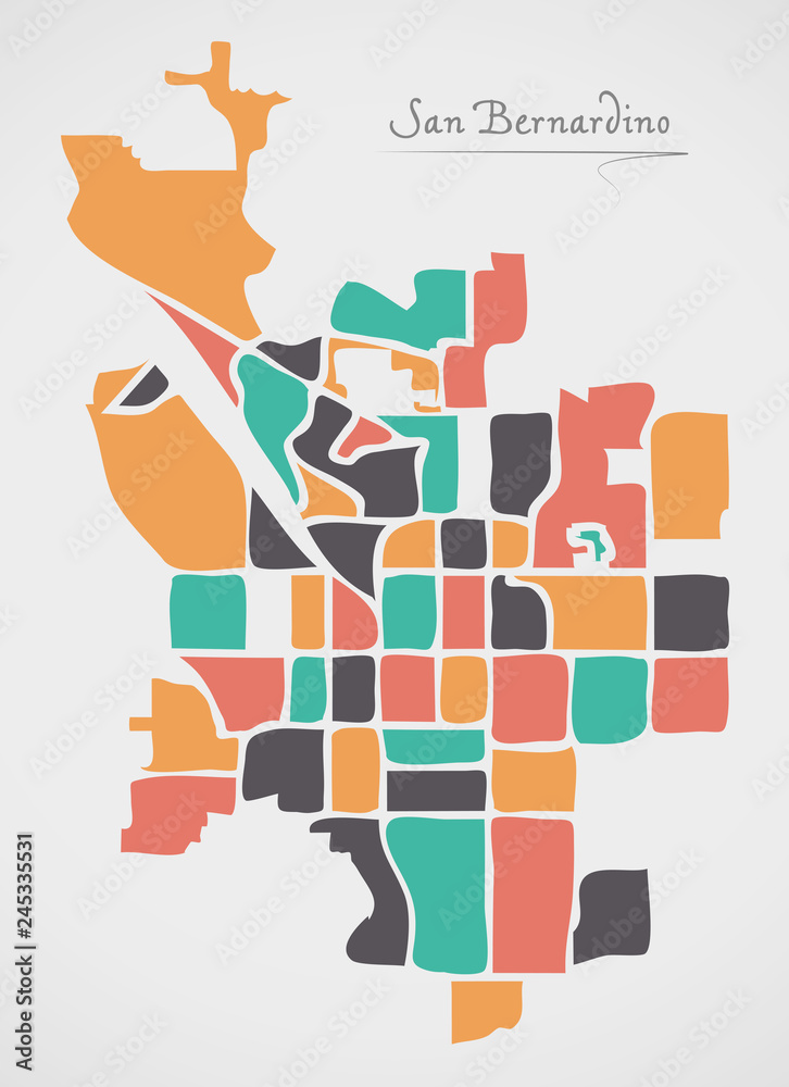 San Bernardino California Map with neighborhoods and modern round ...