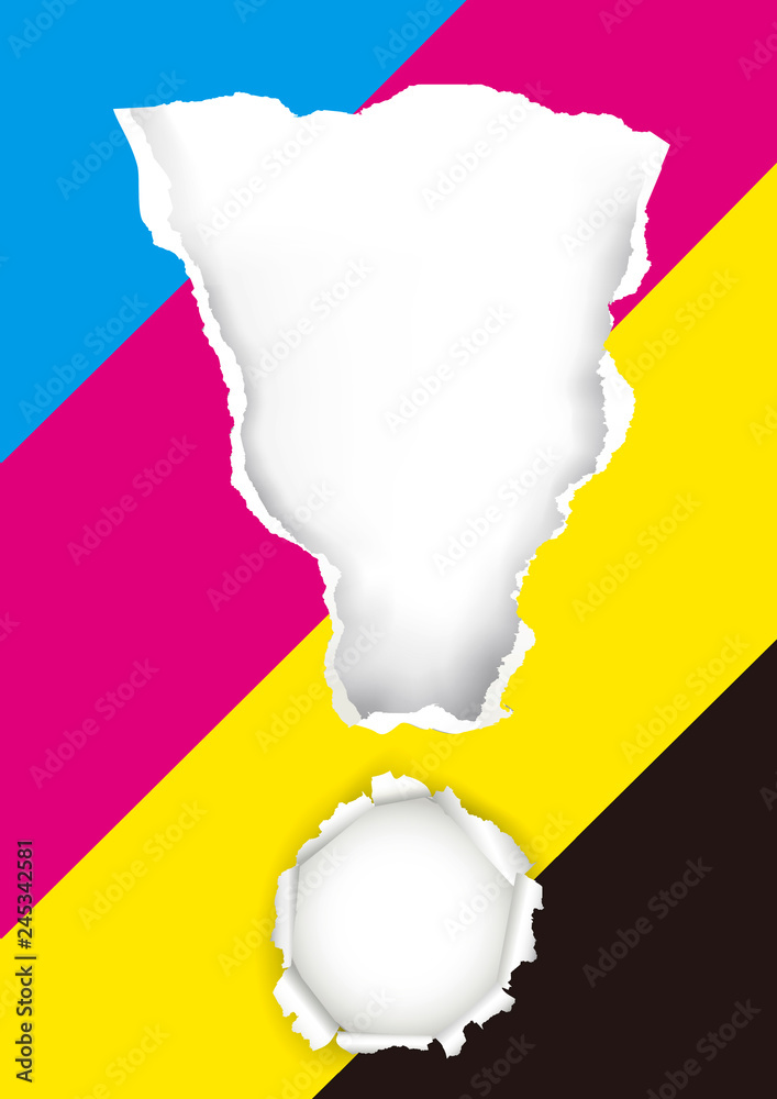 Exclamation mark with print colors. Exclamation mark on ripped paper ...