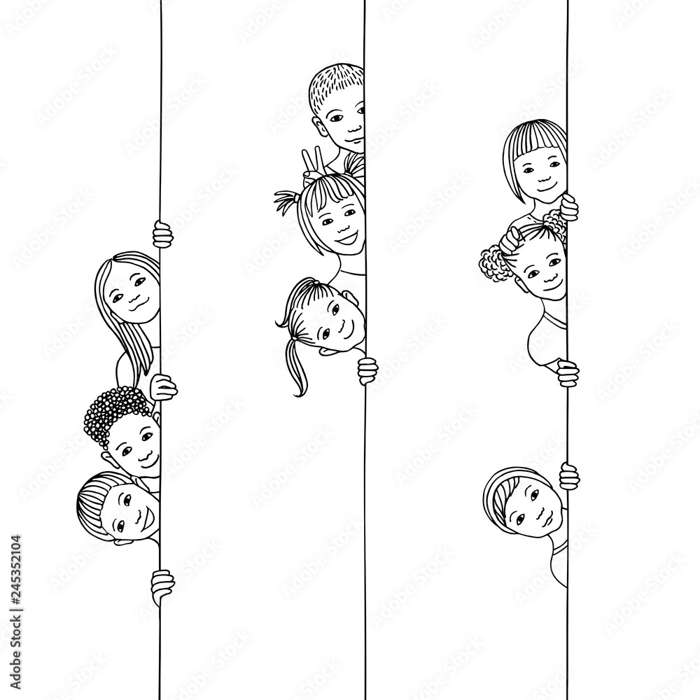 Hand drawn illustration of young and diverse children looking around ...