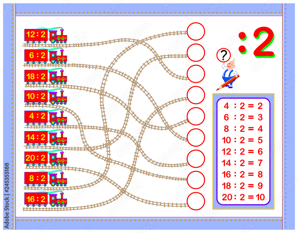 Exercises with division by 2. Write the numbers in correct circles ...