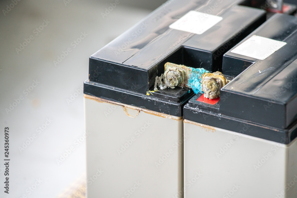 Old battery corrosion, seal lead acid battery damage. Stock Photo ...