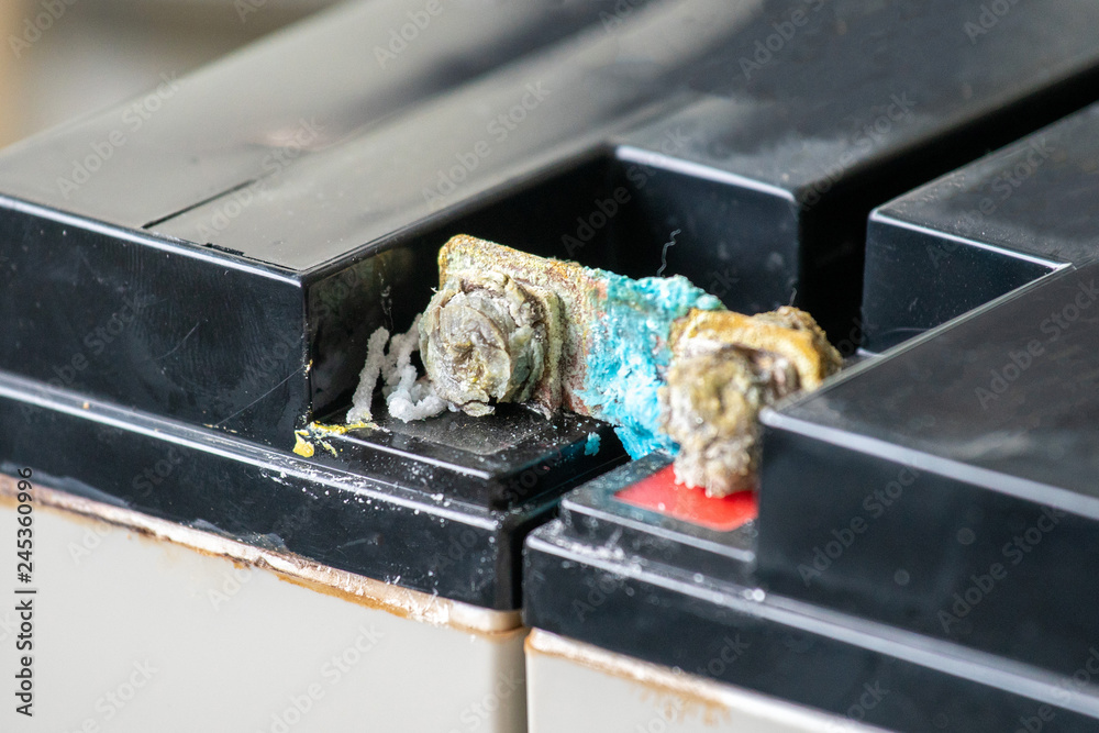 Old battery corrosion, seal lead acid battery damage. Stock Photo ...