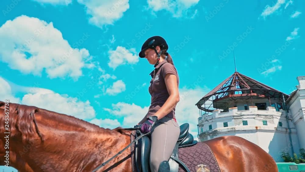 Young woman trains the horse before the competition. Horseback riding ...