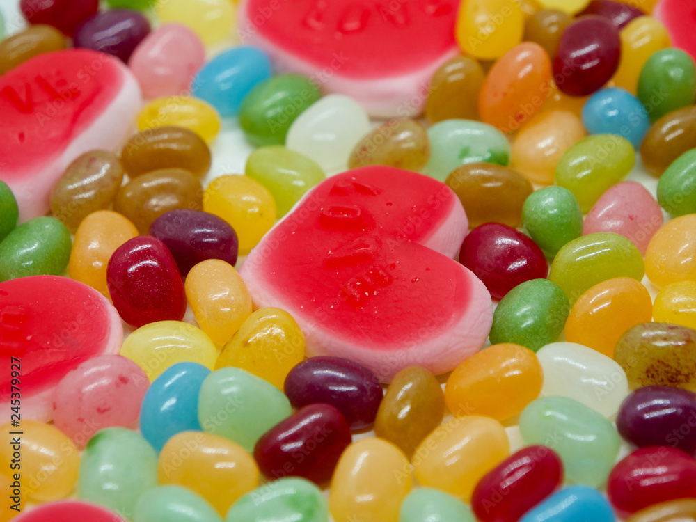 Colorful and lovely collection of sweet jelly(jelly bean, heart shaped ...
