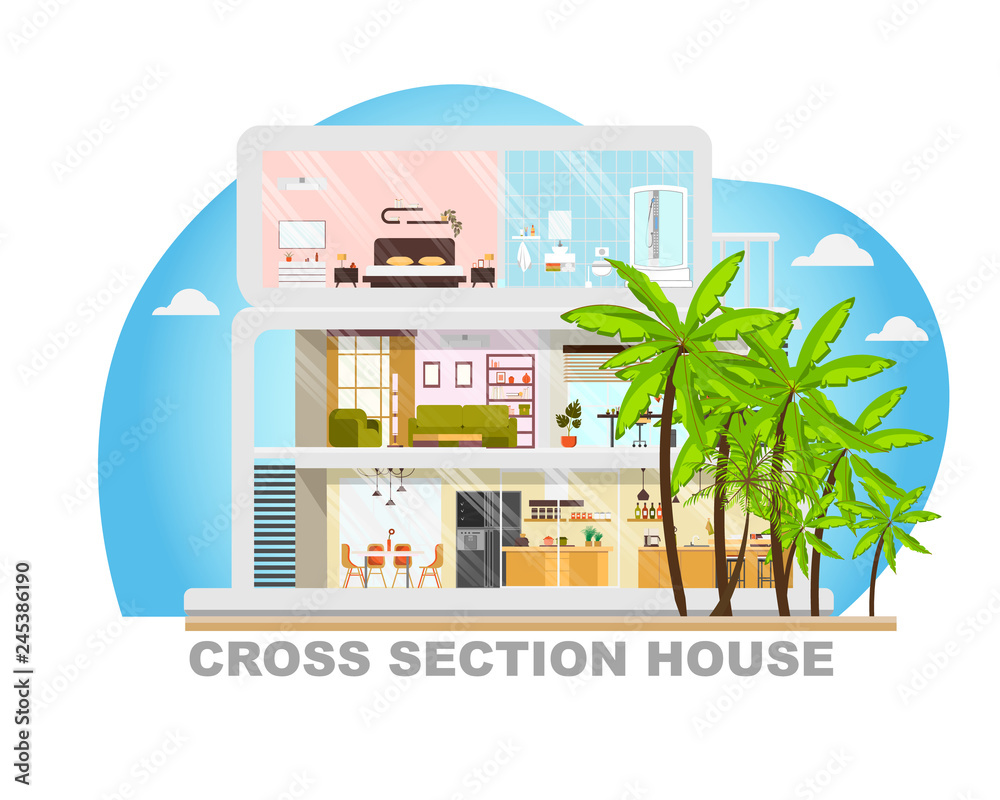 Futuristic Design Villa Cross Section Flat Vector Stock Vector | Adobe ...