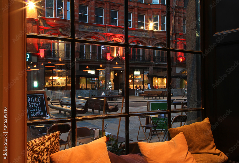 Poster Night view from cafe window to old European street – Wall Art ...