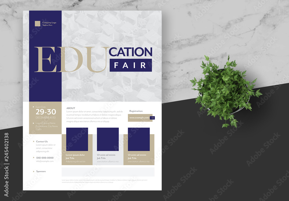 Education Event Flyer Layout with Tan and Navy Blue Accents Stock ...