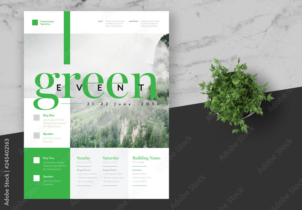 Green Event Flyer Layout with Green Accents Stock Template | Adobe Stock