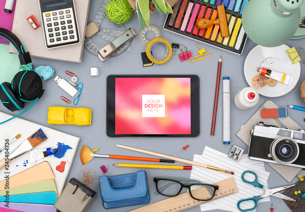 Desk with Tablet and Colorful Art Supplies Mockup Stock Template ...