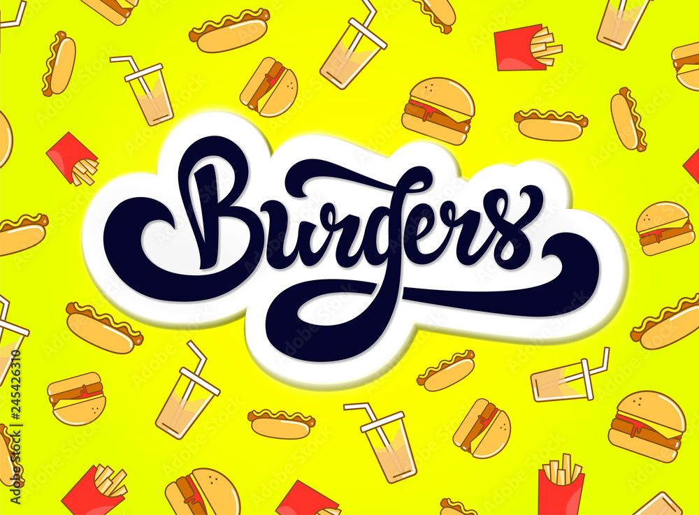 Vintage sketch hand lettering with logo burger calligraphy. Burgers ...