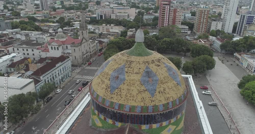Aerial circling the dome of the Manaus Opera House in the Amazon ...