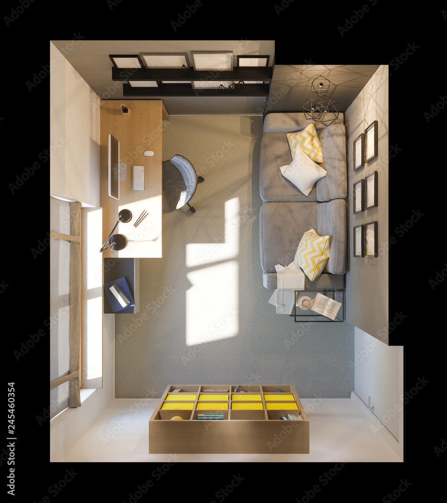 3d illustration of interior design plan for home office. Render in top ...