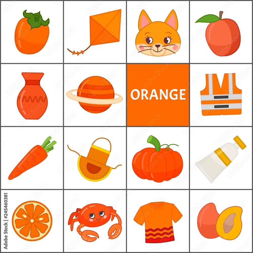 Learn the primary colors. Orange. Different objects in orange color ...