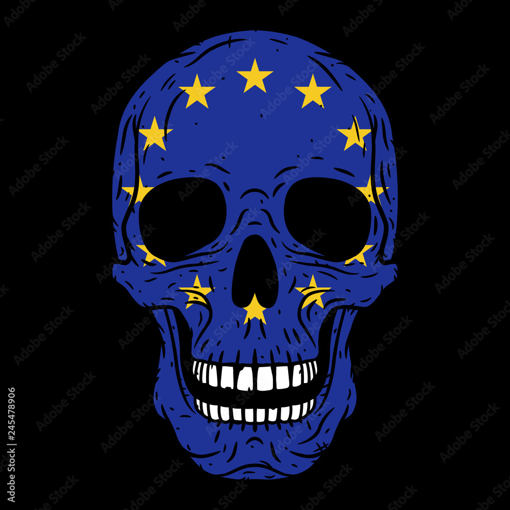 Human skull with European Union flag isolated on black background ...