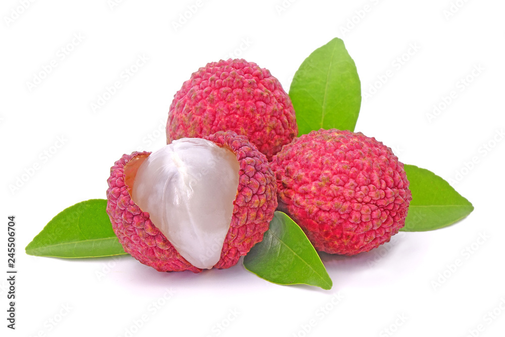Lychee with green leaves isolated on white background. Premium quality ...