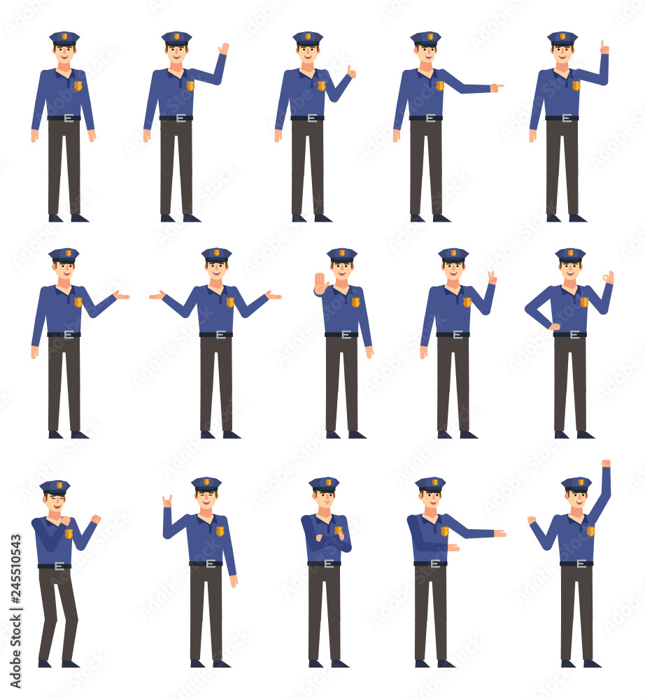 Set of policeman characters showing various hand gestures. Police ...