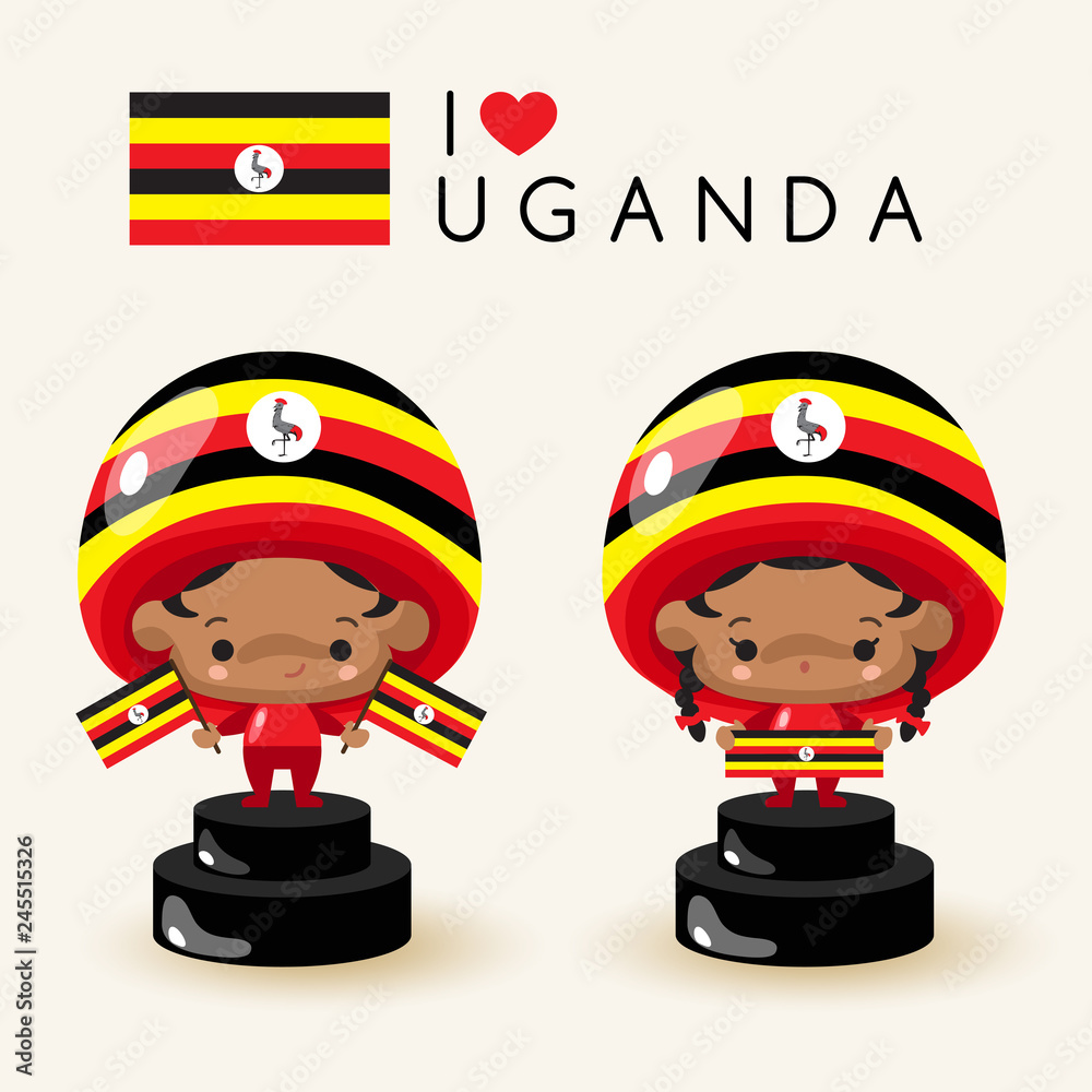 Boy and girl wearing national hat and holding national flags : Uganda ...