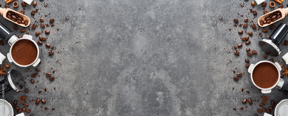 Top view of coffee background. Assorted coffee beans, ground coffee ...