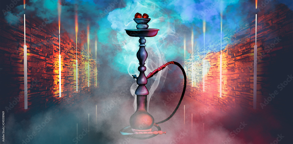 Hookah in a dark room with smoke, neon light. Night view. Stock Photo ...