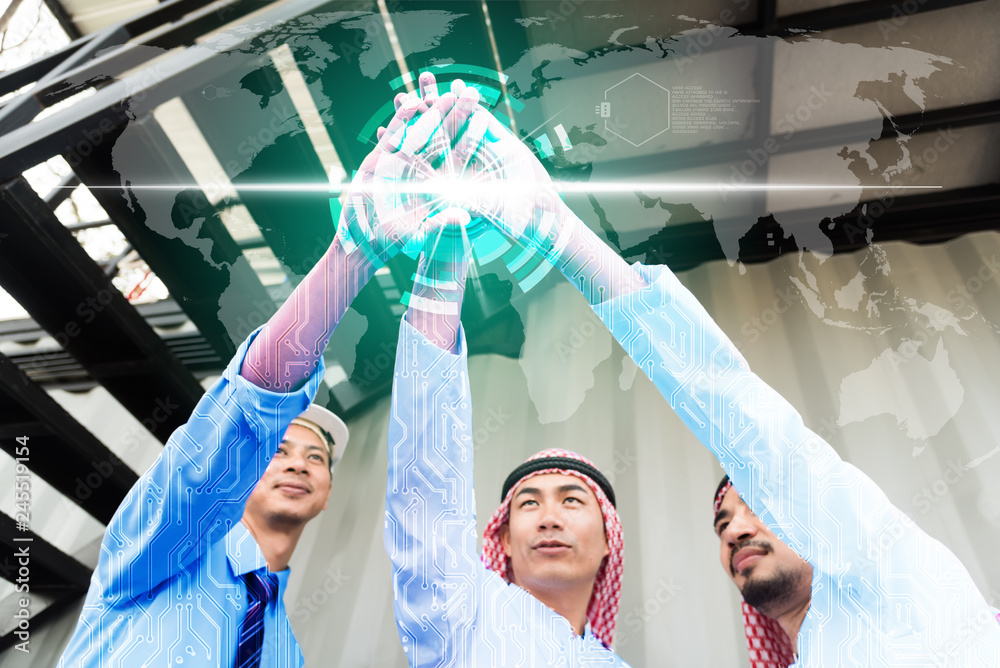 Stack of hands teamwork of businessman and engineers for economic ...