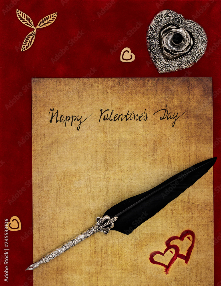 Antique preachment with hand written Happy Valentine’s Day, wooden ...