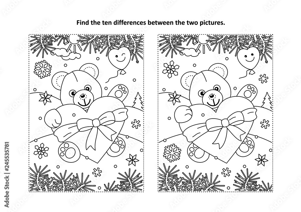 Valentine's Day find the ten differences picture puzzle and coloring ...